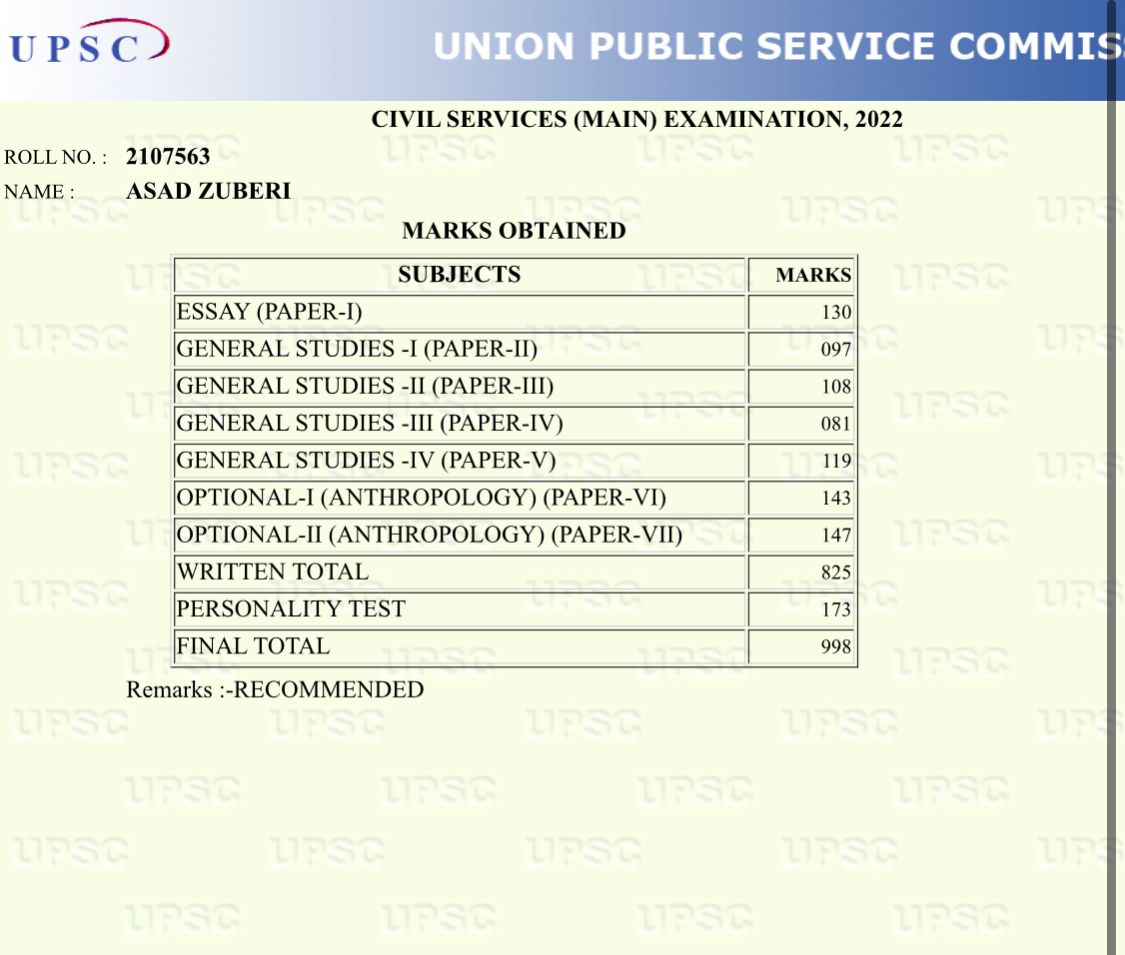 Asad Zuberi, AIR-86 CSE-22 Anthropology (290 Marks) – DecodeCivils by Mudit Jain